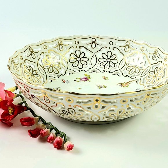 Dining | Vintageporcelain Open Lace Work Bowl Floral Design Gold ...
